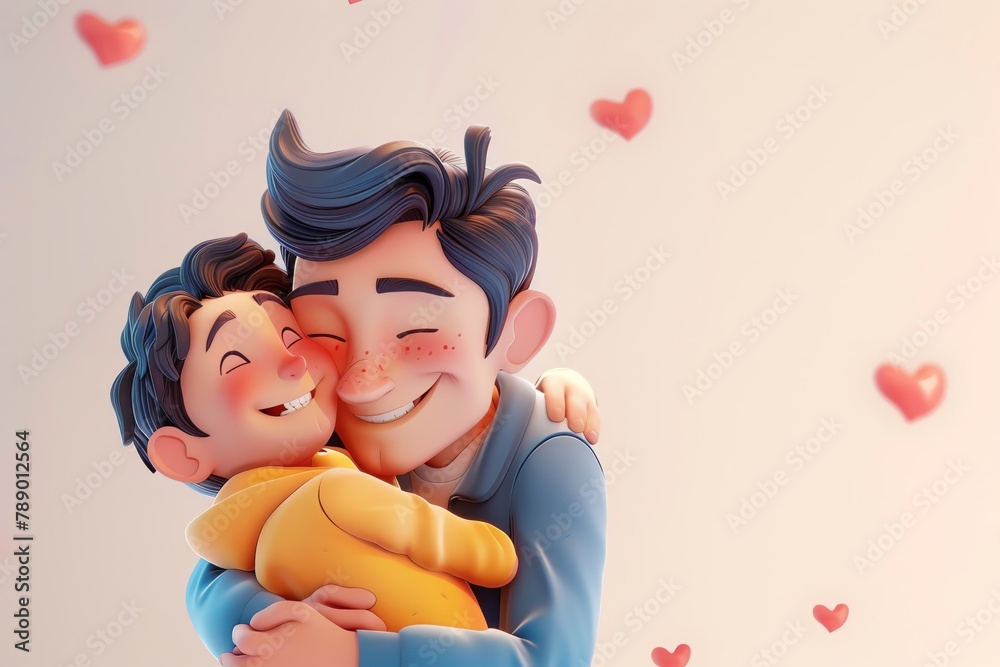3D graphic of a dad and his child in a heartfelt embrace, cleanly ...