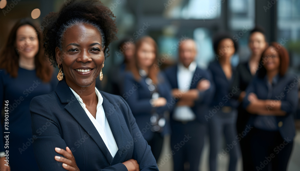 Smiling business Black Woman leader standing in office at team meeting ...