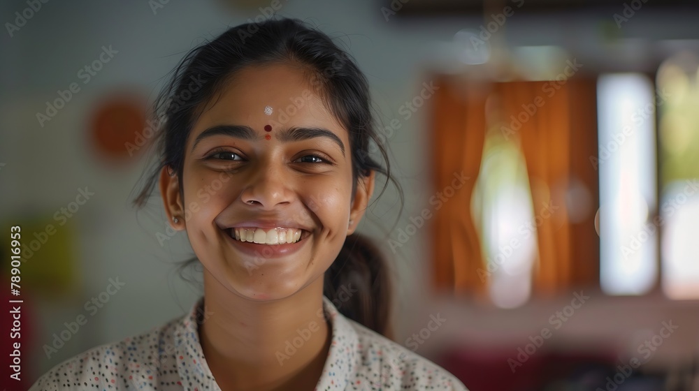 Cheerful beautiful indian girl student professional standing at home in ...