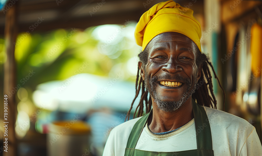 Jamaican Street food chef cooking in a frying pan with a high flameon ...