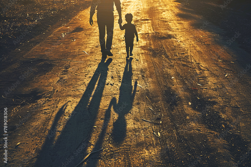 Father and son holding hands and walking together, casting long shadows ...
