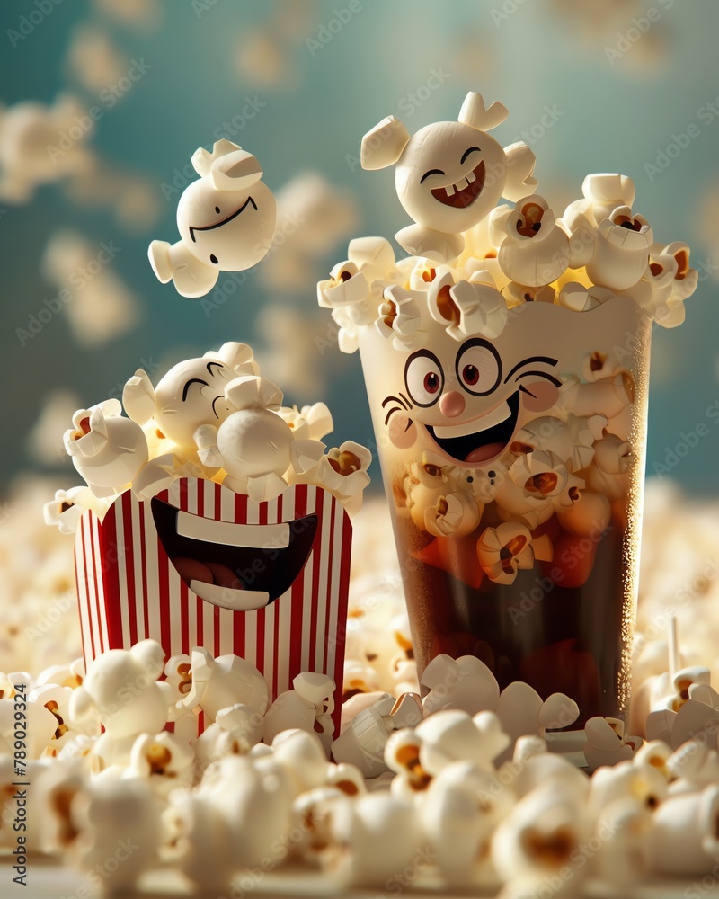 Animated popcorn and soda, laughing together, clear focus, eye level ...