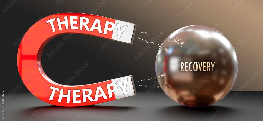 Therapy attracts Recovery. A metaphor showing therapy as a big magnet ...