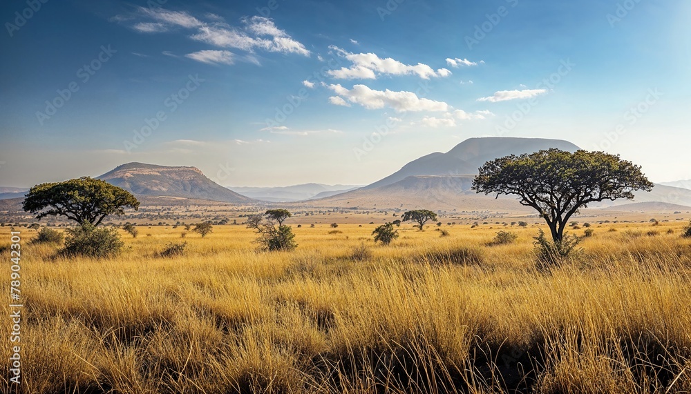 African Savanna Panorama with Wild Grasses and Mountains on the Horizon ...
