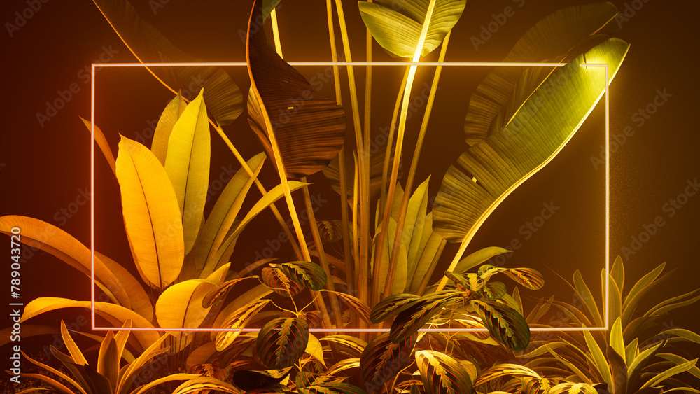 Orange and Yellow Neon Light with Tropical Plants. Rectangle shaped ...