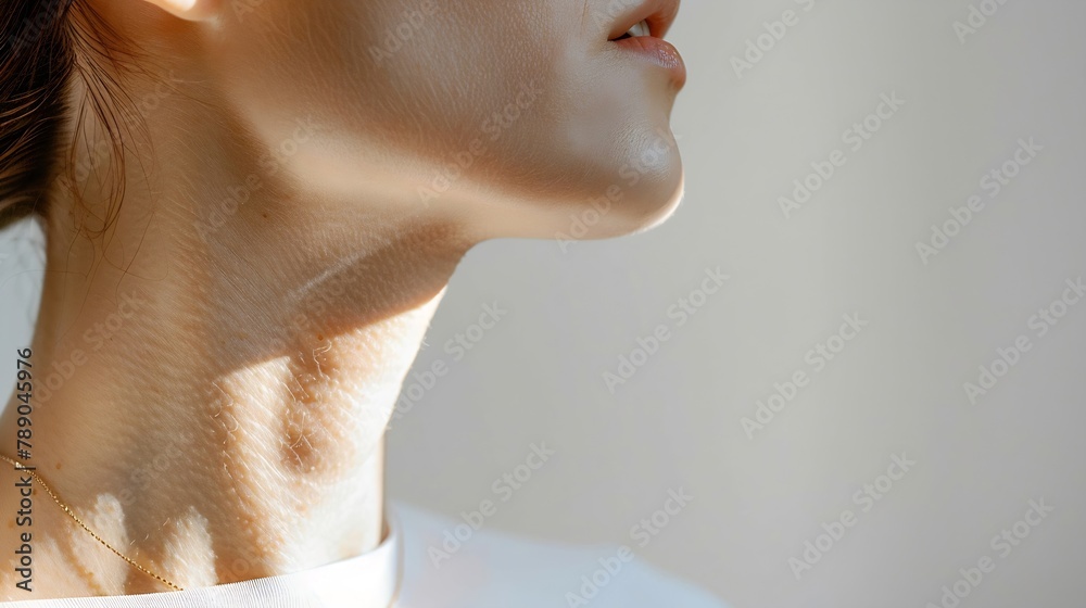 loseup of a young womans neck and collarbone on a white background ...