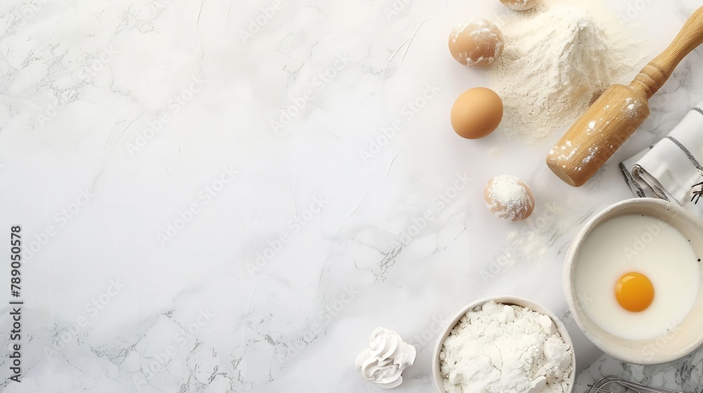 Empty space baking background with bakery ingredients flour milk eggs ...