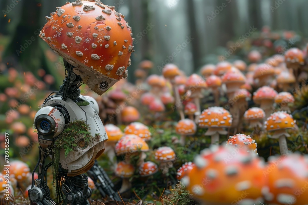 Mushroom robot AI in the forest with a lot of inedible mushrooms ...