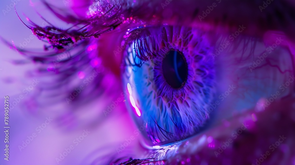 Macro photo of colored purple human eye texture background extreme blue ...