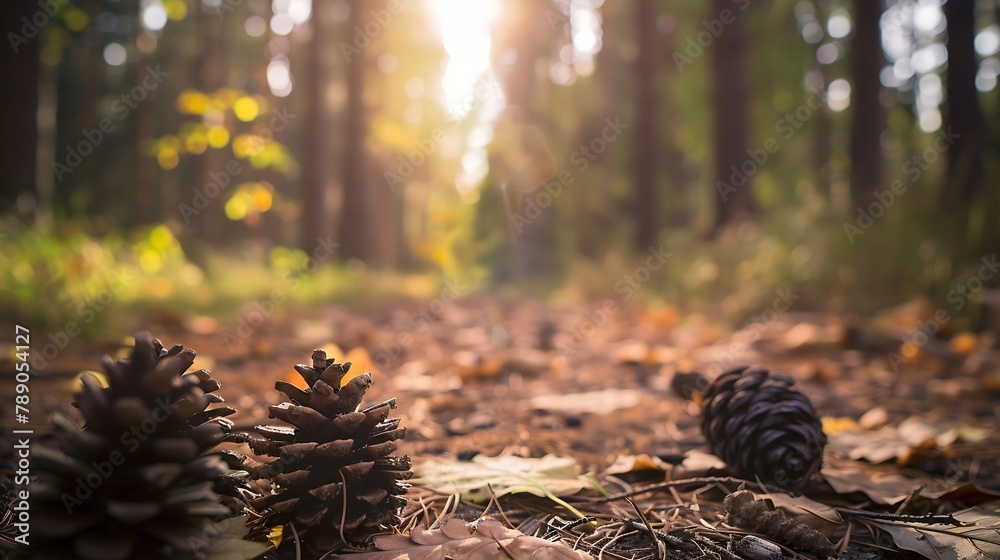 Forest path closeup with cones and roots Low point of view in nature ...