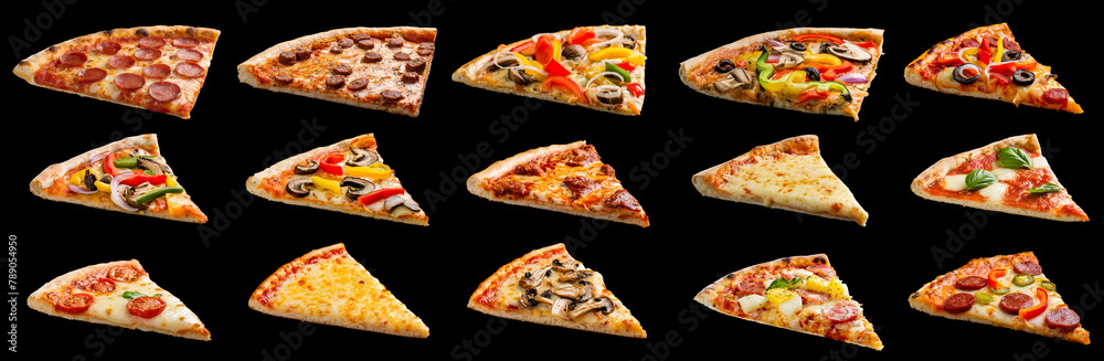 Assorted 12 Pizza Slices Variety on a Isolated black Background - Stock ...