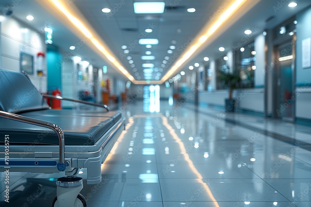 This image showcases a modern hospital corridor with reflective floor ...