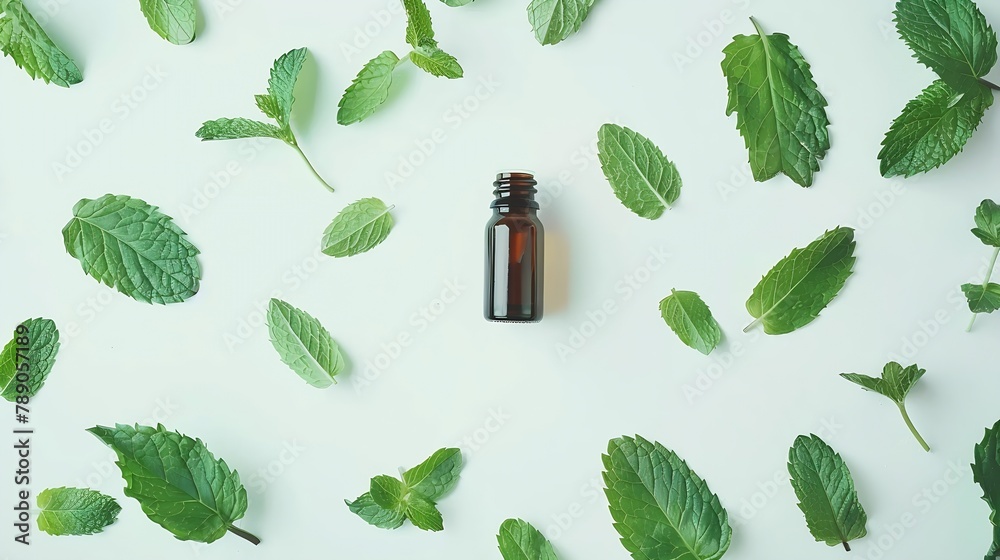 Essential oil and green mint leaves on white background Medicinal herbs ...