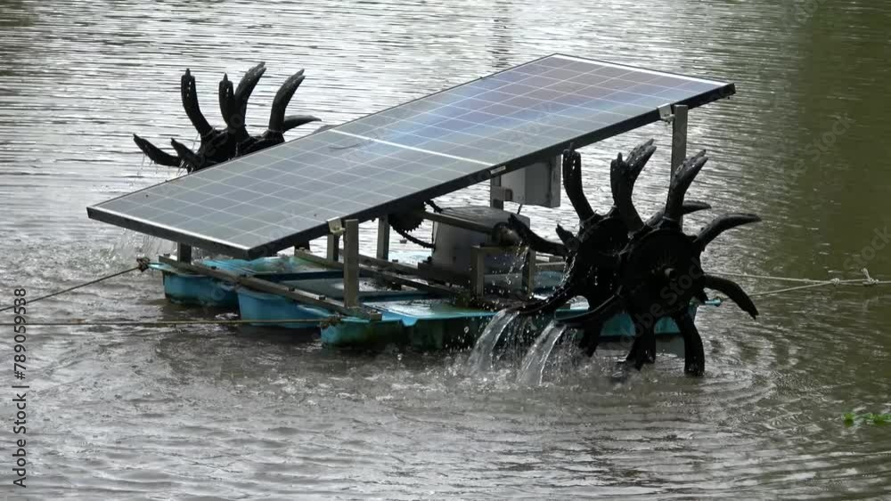 Static view of solar panels powering two water-wheels to pump water ...