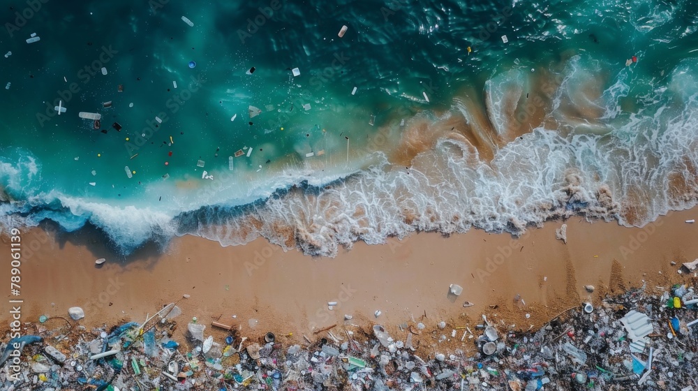 A beach covered in trash washed ashore by ocean currents, serving as a ...