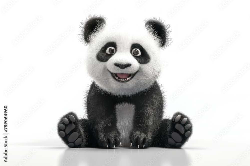 3d render cartoon character of cute happy panda sitting on the floor ...