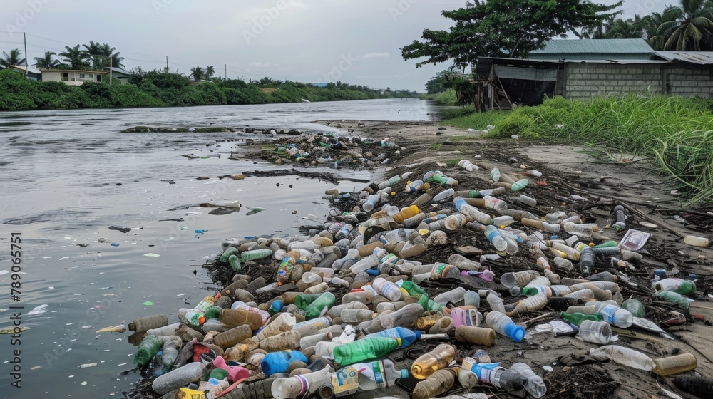 A garbage-filled river flowing into the sea, with plastic bottles and ...
