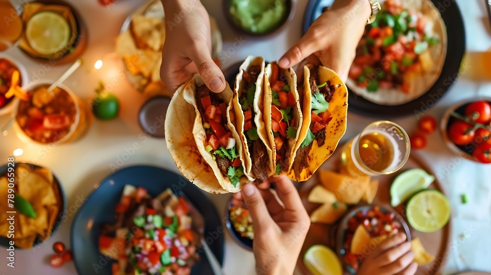 Friends having Mexican Taco dinner Flatlay of beef tacos tomato salsa ...