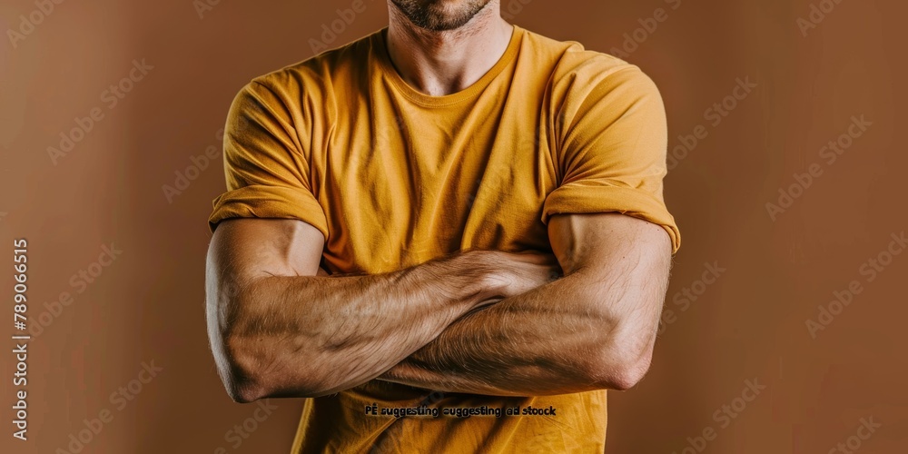 Anonymous man, arms crossed, muscle portrait with yellow banner, studio ...