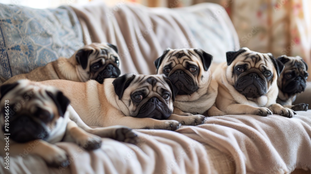 A group of pugs lounging together on a cozy sofa, showcasing the social ...