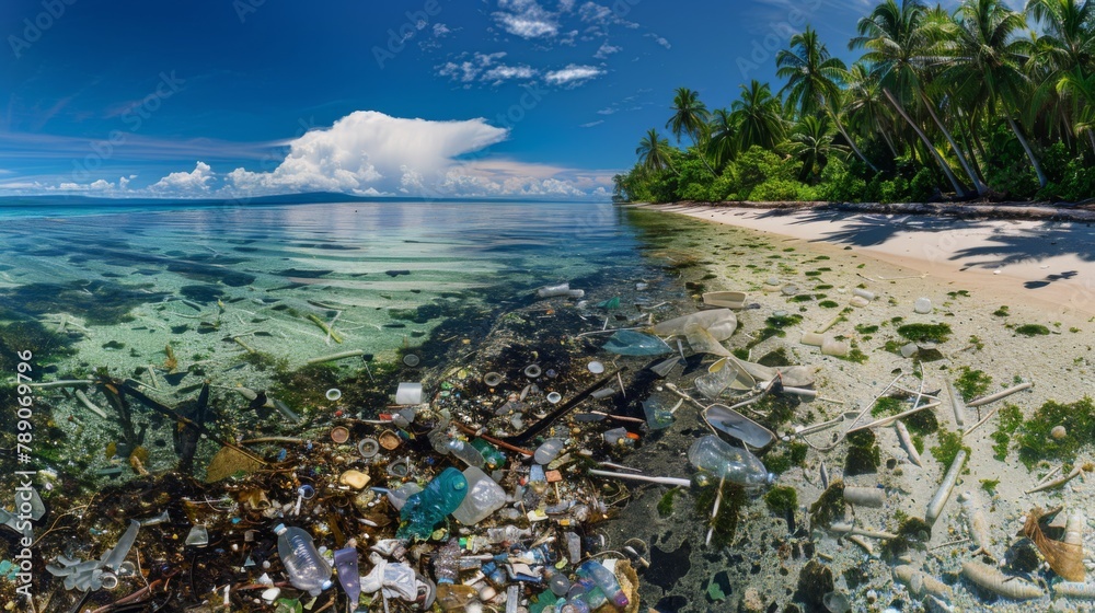 A panoramic view of a remote island beach polluted with plastic waste ...