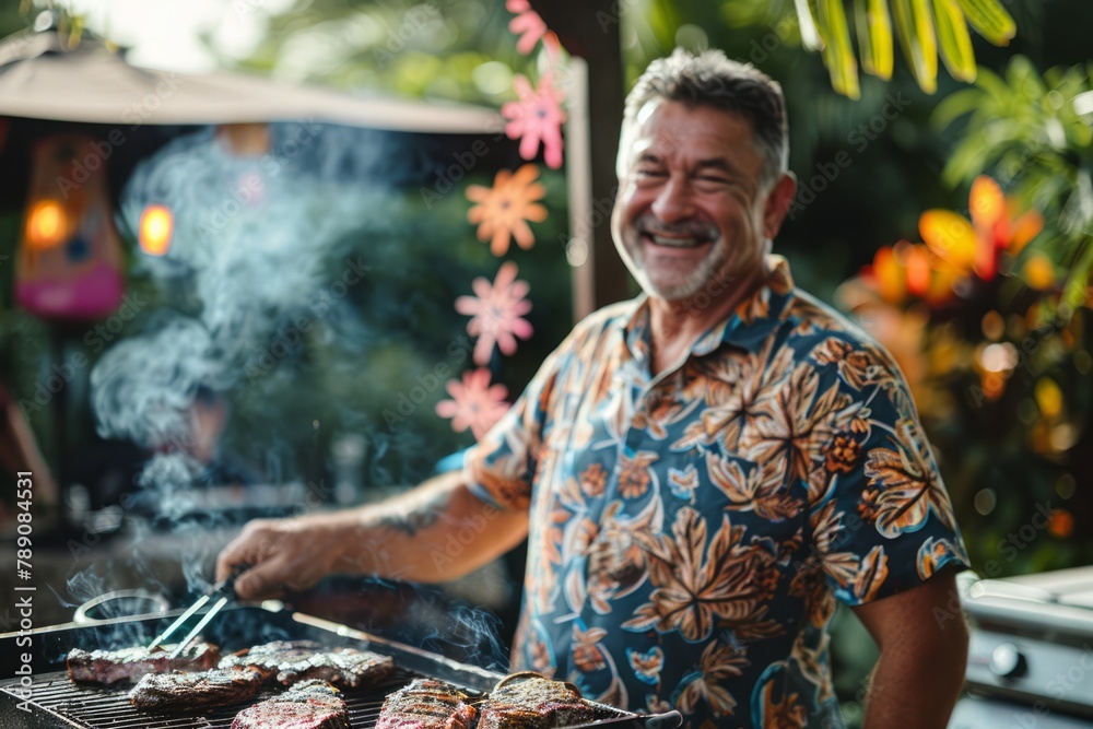 Smiling father grilling steaks on a charcoal barbecue surrounded by ...