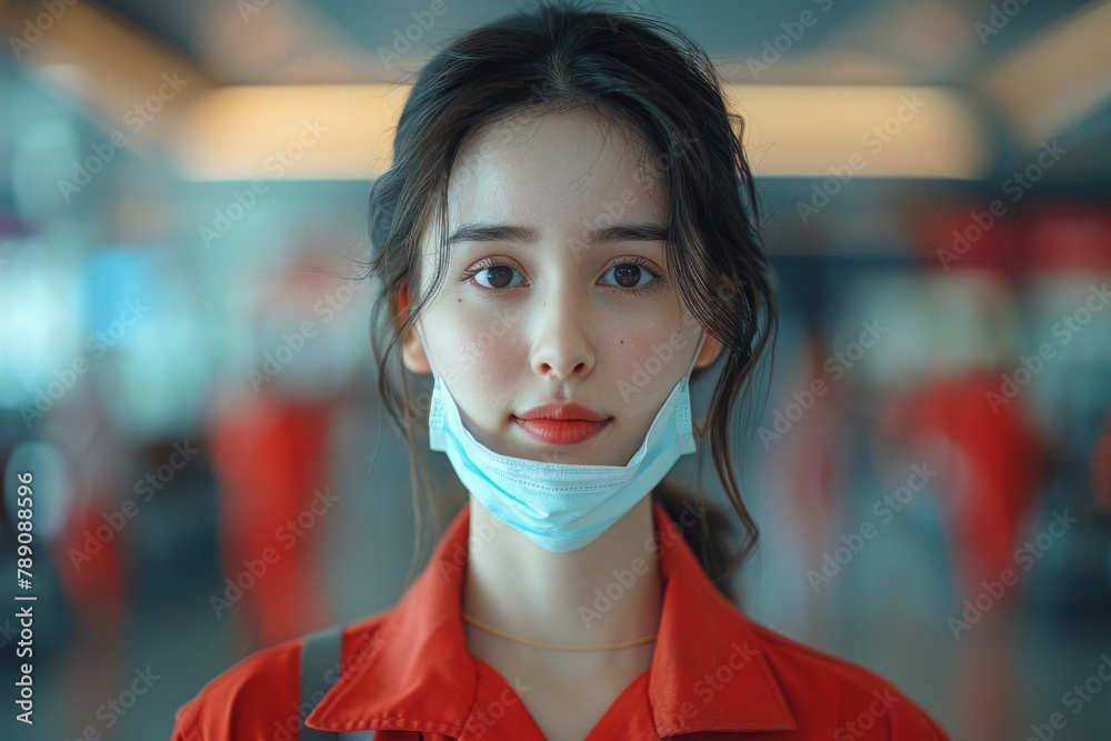 A somber young woman in a red uniform with her face mask pulled down ...