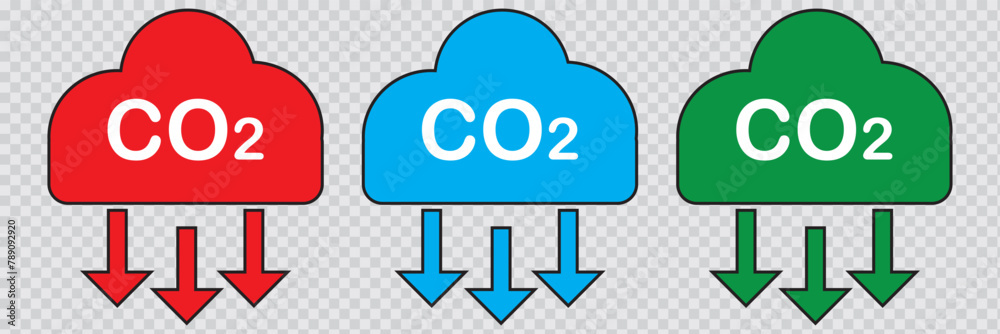 Reduce co2 gas icon set. carbon reduction cloud sign. cut c02 pictogram ...