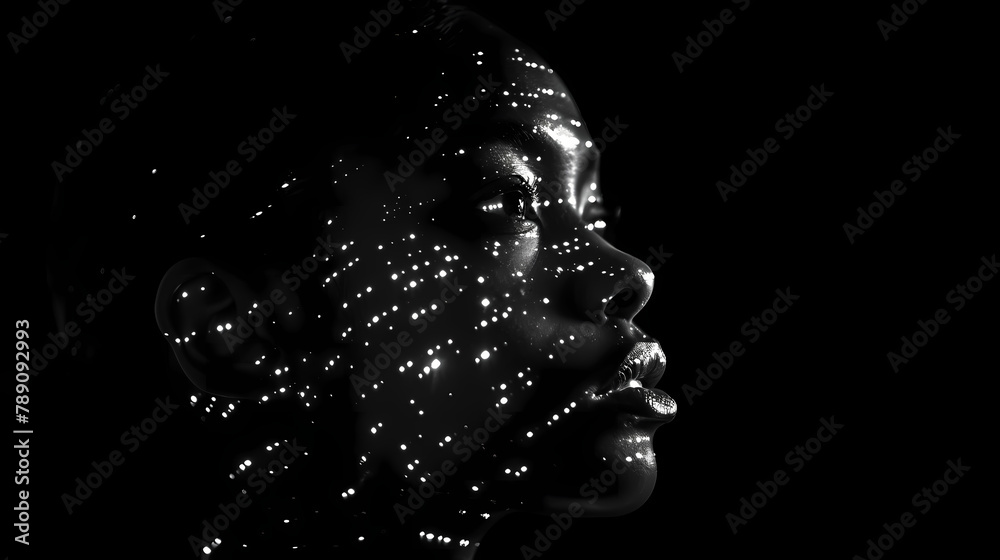 a woman's face is shown with dots in the shape of a head and a line of ...