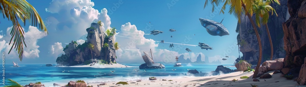 An animated beach scene where alien ships deploy knights as if they are ...