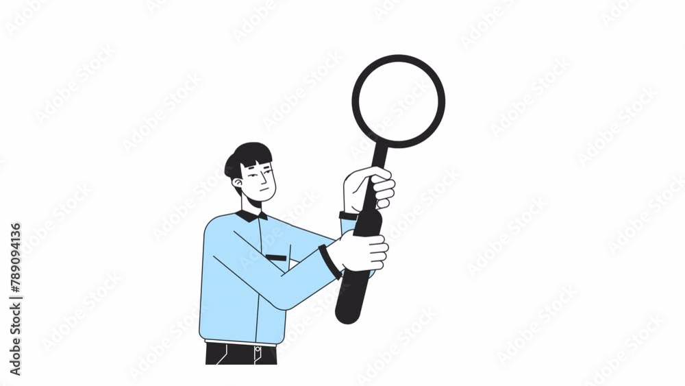 Asian man using magnifying glass line 2D character animation ...