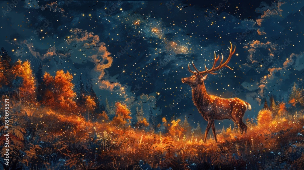 adventurous deer tee depicting a leaping deer under a starry night sky ...
