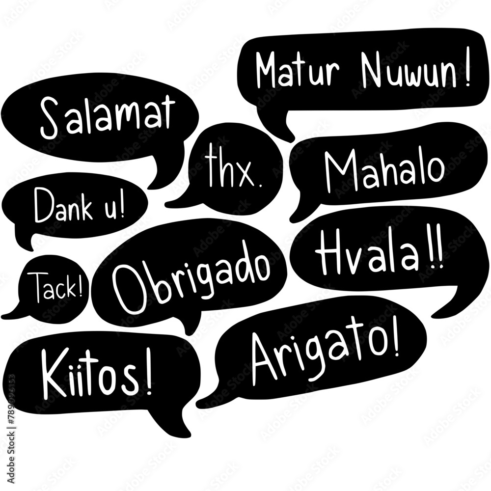 Speech bubble dialogue set with thank you text in various foreign ...