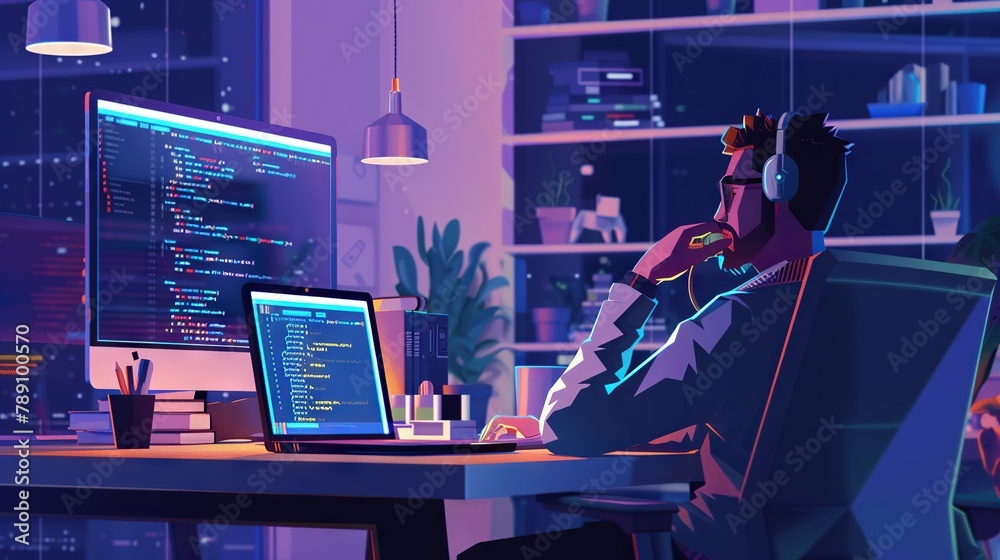 Dedicated software developer at workstation engaged in script writing ...