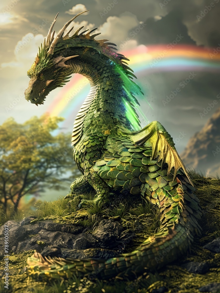 A dragon, with scales resembling avocados, spirals up towards a rainbow ...