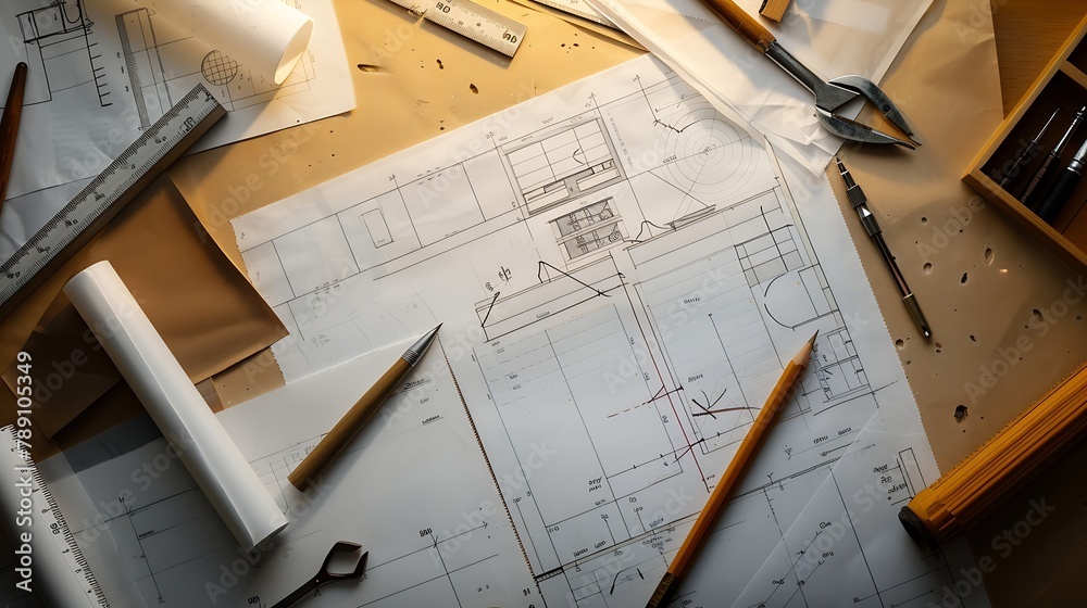 Drawing a project on a work desk Project papers and tools beside Free ...