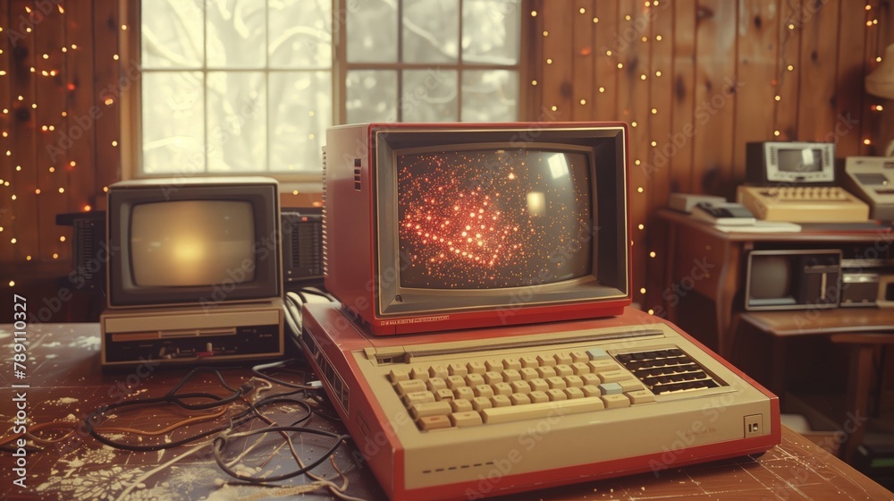 Vintage computers in retro office setting: Nostalgic scene of old ...