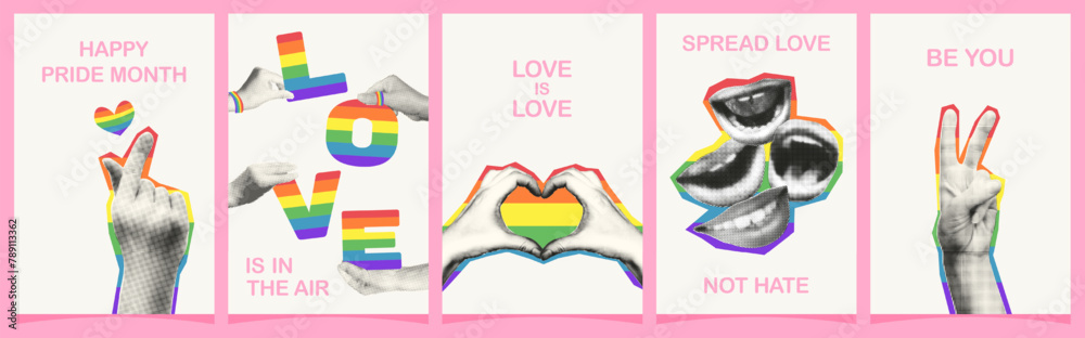 LGBTQ Pride month halftone collage vertical banners set. Grunge cut out ...