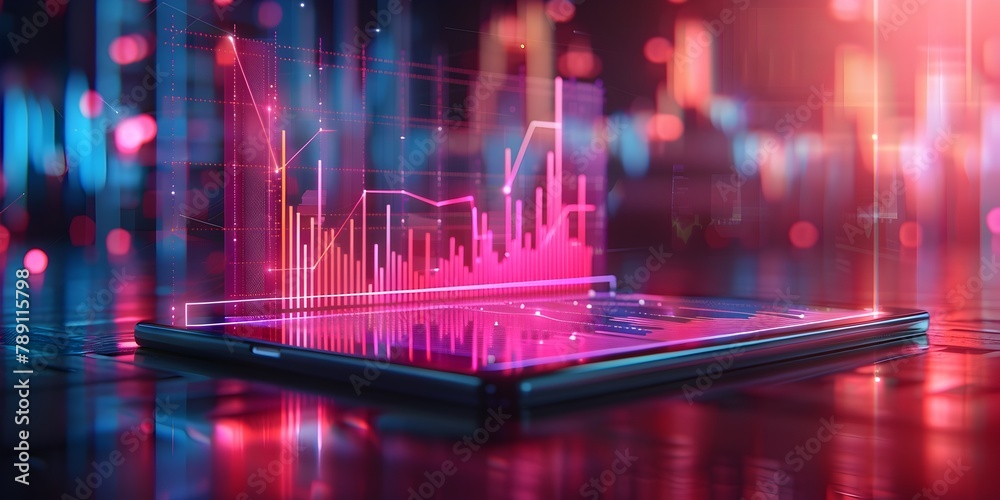 Futuristic virtual finance seminar showcasing 3D tablet with growth ...