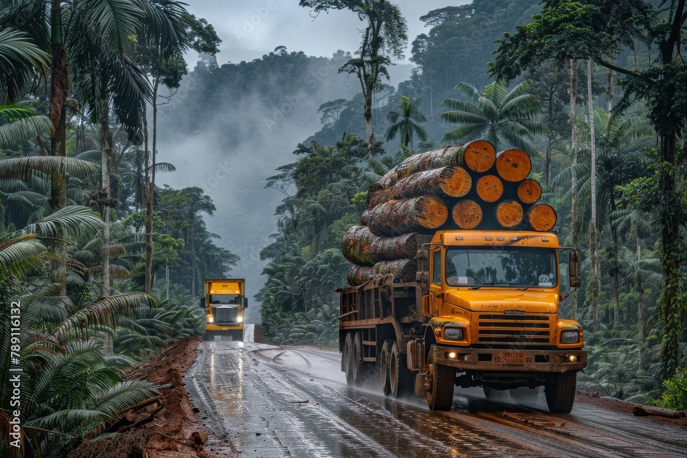 Two logging trucks transporting heavy loads of timber navigate a narrow ...
