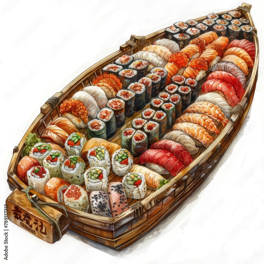 Sushi Boat Feast A lavish watercolor depiction of a sushi boat brimming ...