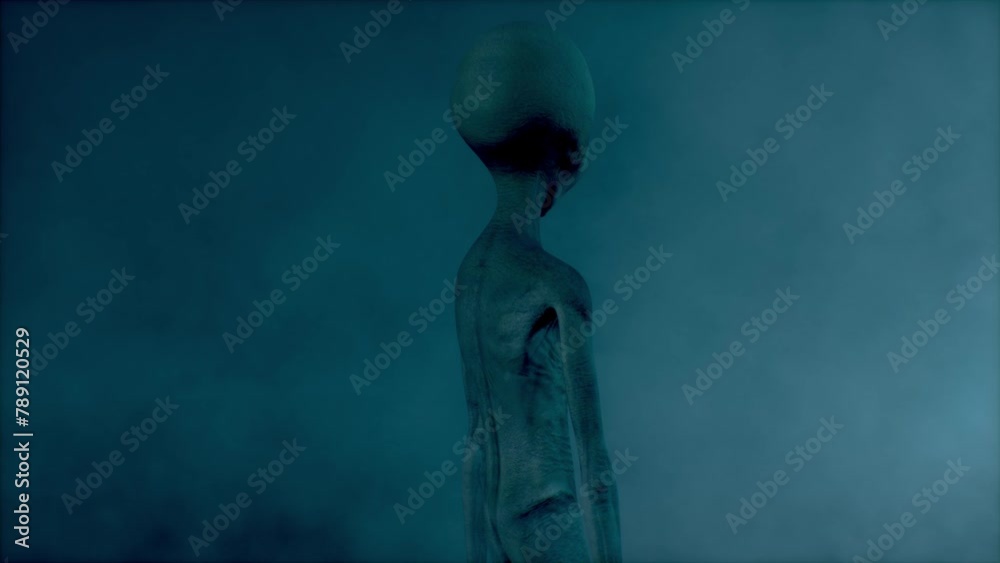 Scary gray alien standing and blinking at the dark foggy background of ...