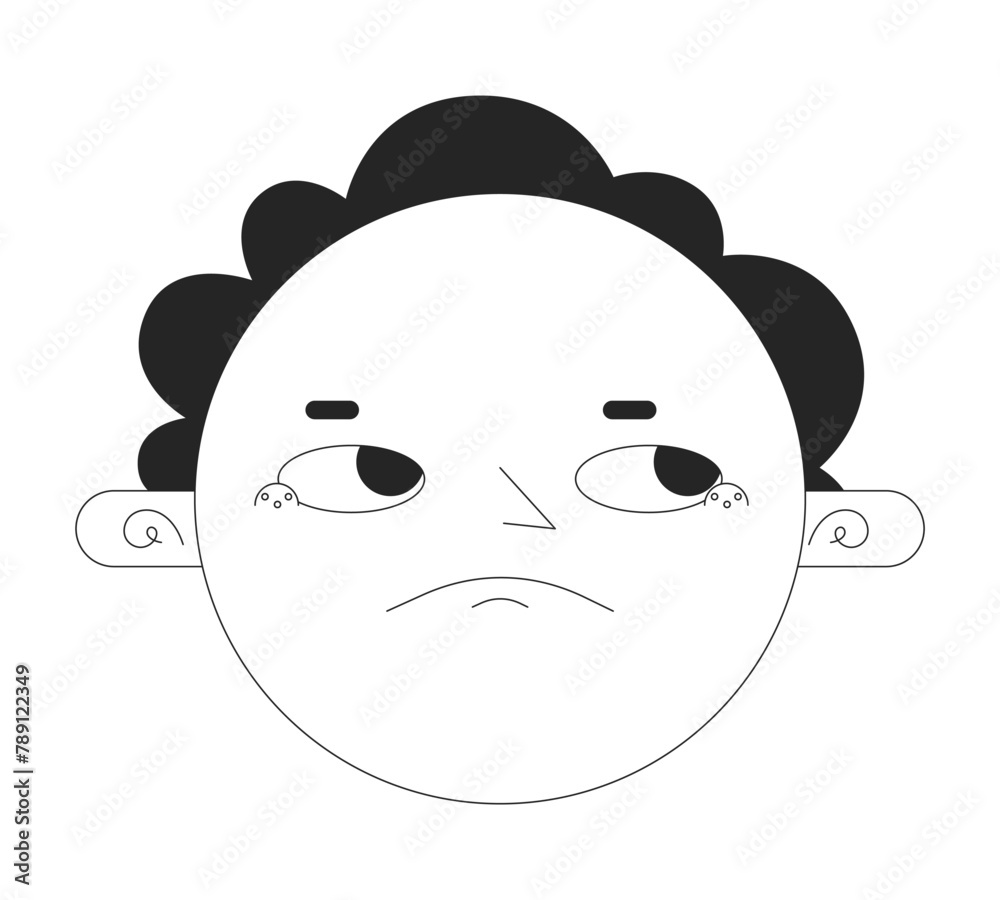 Round face disappointed black and white 2D vector avatar illustration ...