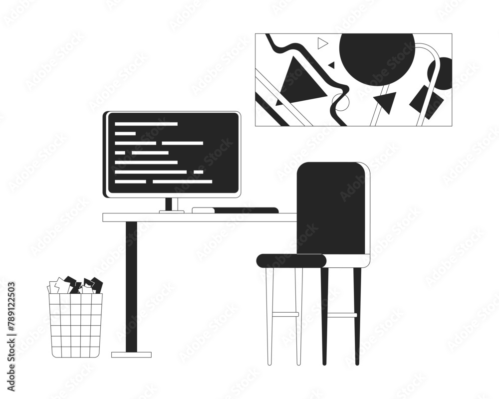 Office workplace with computer black and white 2D line cartoon object ...