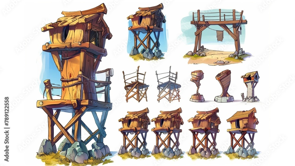 wooden watchtower, concept art, props, casual game. cartoon style 3d ...