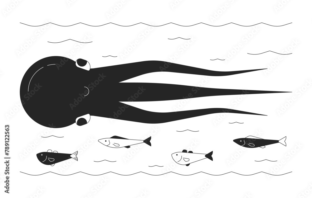 Octopus swimming with fish school black and white 2D line cartoon ...