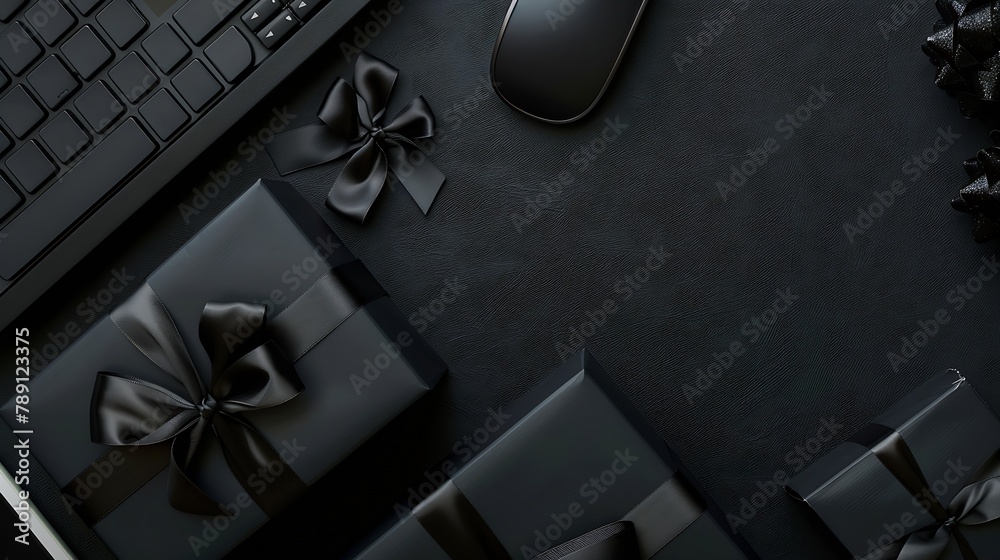 Black friday concept Top view photo of black gift boxes with ribbon ...