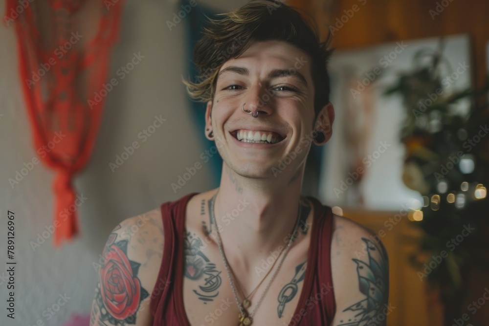 Portrait of a joyful transgender man with tattoos in a bohemian setting ...