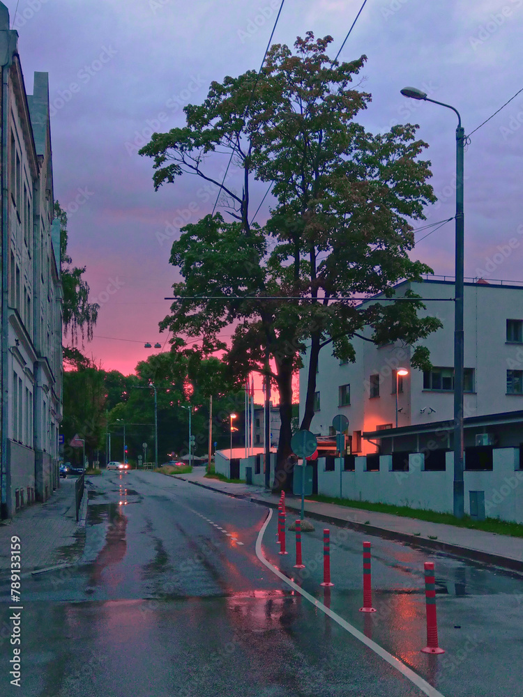 Wet asphalt road of neighborhoods street after summer thunderstorm ...