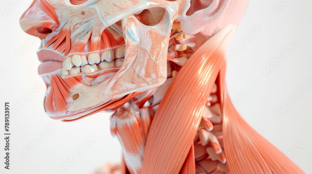 Close-up of a clenched jaw and tightened neck muscles indicating severe ...